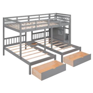 Harper & Bright Designs Triple Bunk Beds with Drawers, Wood Full Over Twin & Twin Bunk Bed with Storage Staircase, Triple Bed for Kids,3 Bed Bunk Beds with Storage for Girls Boys,Grey