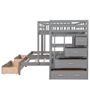 Harper & Bright Designs Triple Bunk Beds with Drawers, Wood Full Over Twin & Twin Bunk Bed with Storage Staircase, Triple Bed for Kids,3 Bed Bunk Beds with Storage for Girls Boys,Grey