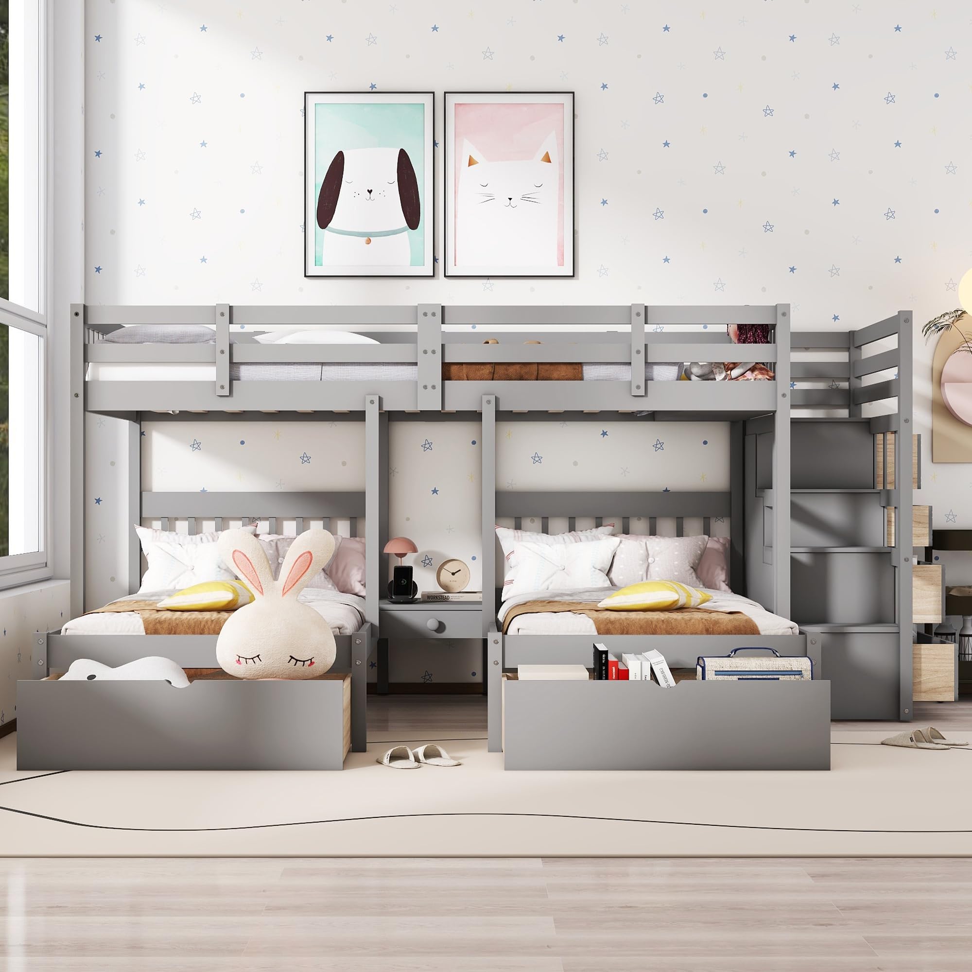 Harper & Bright Designs Triple Bunk Beds with Drawers, Wood Full Over Twin & Twin Bunk Bed with Storage Staircase, Triple Bed for Kids,3 Bed Bunk Beds with Storage for Girls Boys,Grey