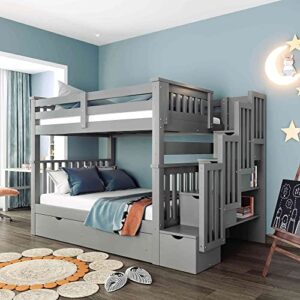 aty full over full bunk bed with stairs and 6 storage drawers, wood stairway bedframe w/ 3 shelves, can be divided into two beds, no box spring needed, gray