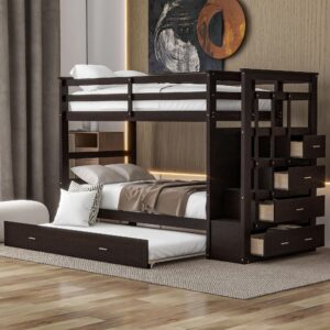 citylight twin over twin bunk beds with stairs and trundle, bunk beds with storage drawers, wood twin bunk beds with trundle and high length guardrail for kids teens adults, espresso