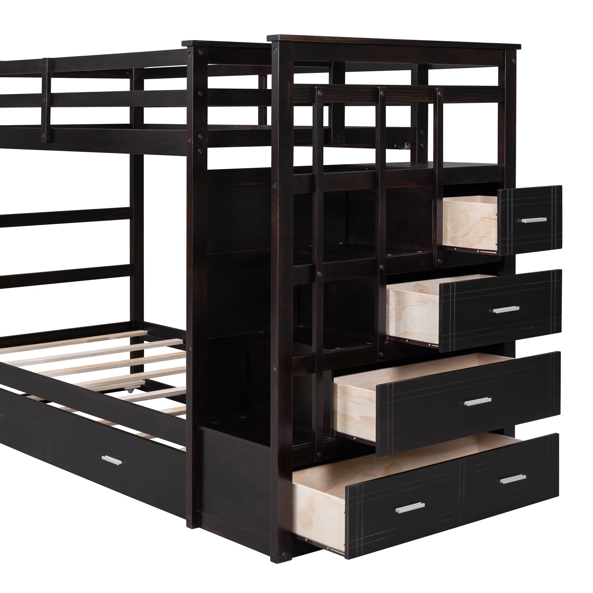 CITYLIGHT Twin Over Twin Bunk Beds with Stairs and Trundle, Bunk Beds with Storage Drawers, Wood Twin Bunk Beds with Trundle and High Length Guardrail for Kids Teens Adults, Espresso