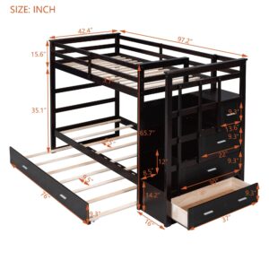 CITYLIGHT Twin Over Twin Bunk Beds with Stairs and Trundle, Bunk Beds with Storage Drawers, Wood Twin Bunk Beds with Trundle and High Length Guardrail for Kids Teens Adults, Espresso