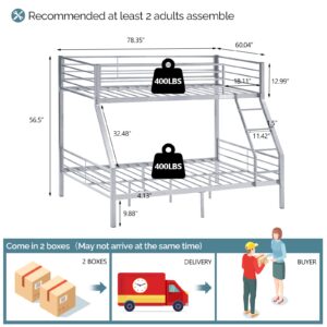 Bonnlo Bunk Beds Twin over Full Size with Flat Rung Steps, Heavy Duty Bunk Beds for Kids/Teens/Adults,13 inches Reinforced Guardrail, Gray