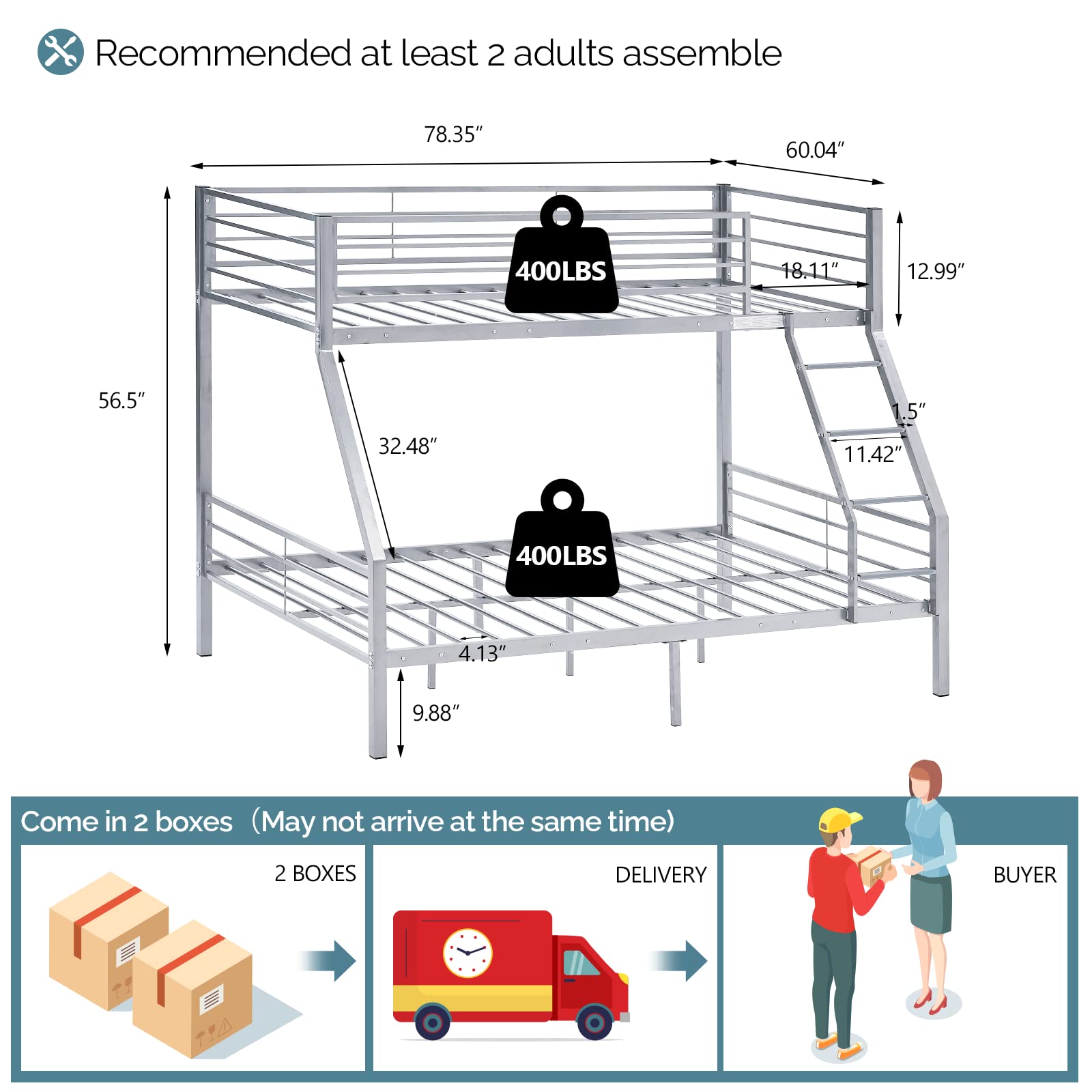 Bonnlo Bunk Beds Twin over Full Size with Flat Rung Steps, Heavy Duty Bunk Beds for Kids/Teens/Adults,13 inches Reinforced Guardrail, Gray