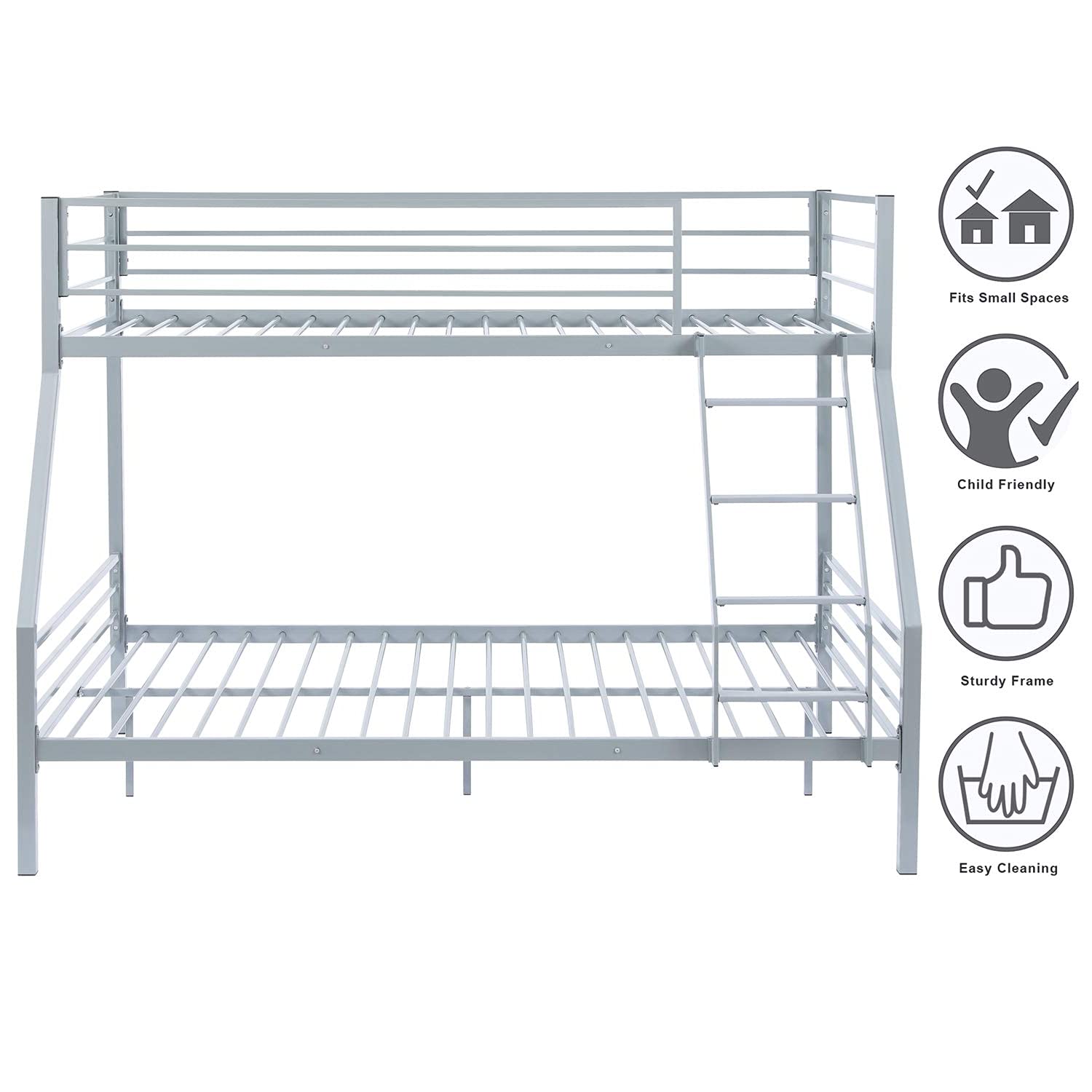 Bonnlo Bunk Beds Twin over Full Size with Flat Rung Steps, Heavy Duty Bunk Beds for Kids/Teens/Adults,13 inches Reinforced Guardrail, Gray