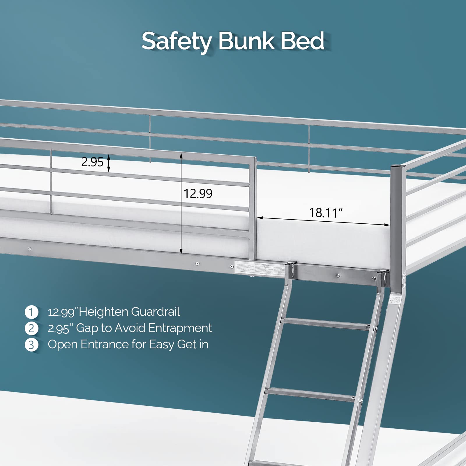 Bonnlo Bunk Beds Twin over Full Size with Flat Rung Steps, Heavy Duty Bunk Beds for Kids/Teens/Adults,13 inches Reinforced Guardrail, Gray