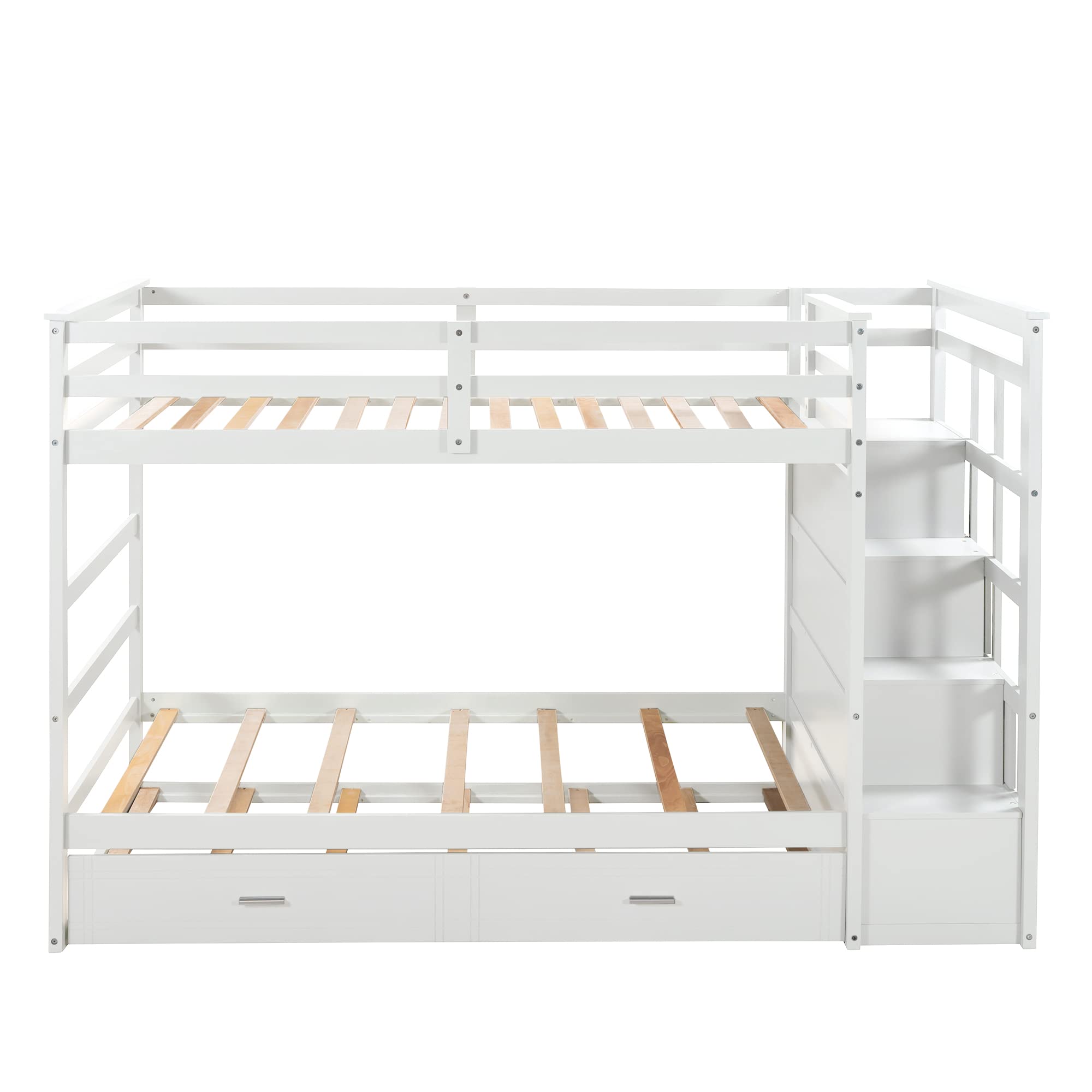 MERITLINE Twin Over Twin Bunk Beds with Stairs and Trundle, Solid Wooden Bunk Bed with Storage, Twin Size Bunk Bed with 4 Drawers and Guardrails. No Box Spring Needed (White)