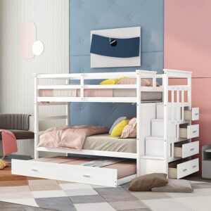 meritline twin over twin bunk beds with stairs and trundle, solid wooden bunk bed with storage, twin size bunk bed with 4 drawers and guardrails. no box spring needed (white)