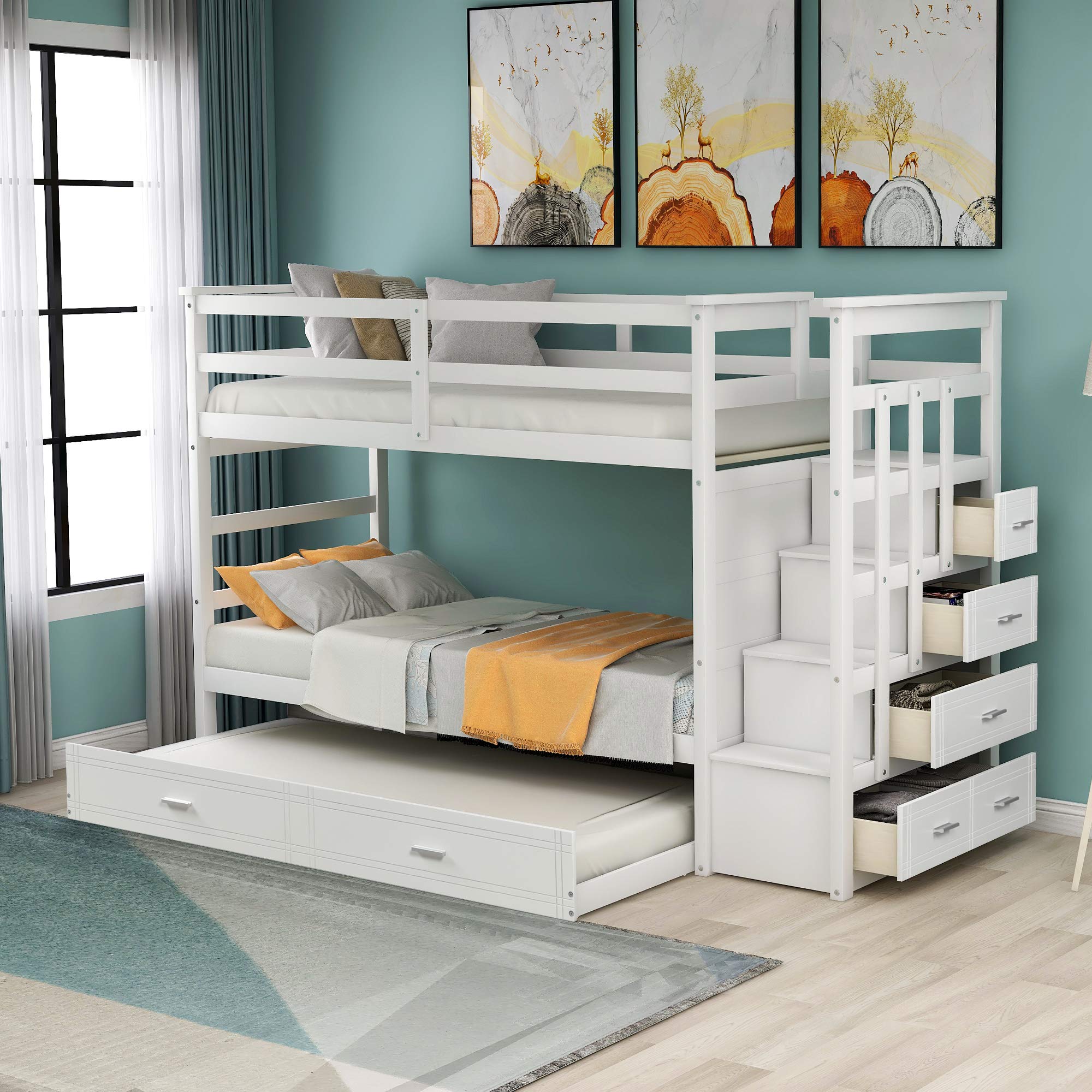 MERITLINE Twin Over Twin Bunk Beds with Stairs and Trundle, Solid Wooden Bunk Bed with Storage, Twin Size Bunk Bed with 4 Drawers and Guardrails. No Box Spring Needed (White)