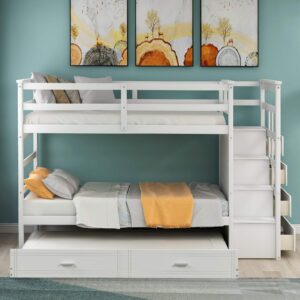 MERITLINE Twin Over Twin Bunk Beds with Stairs and Trundle, Solid Wooden Bunk Bed with Storage, Twin Size Bunk Bed with 4 Drawers and Guardrails. No Box Spring Needed (White)