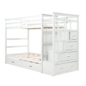 MERITLINE Twin Over Twin Bunk Beds with Stairs and Trundle, Solid Wooden Bunk Bed with Storage, Twin Size Bunk Bed with 4 Drawers and Guardrails. No Box Spring Needed (White)