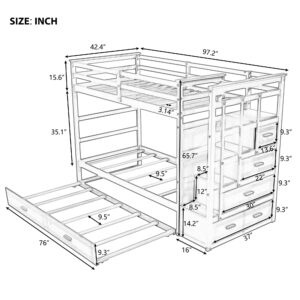 MERITLINE Twin Over Twin Bunk Beds with Stairs and Trundle, Solid Wooden Bunk Bed with Storage, Twin Size Bunk Bed with 4 Drawers and Guardrails. No Box Spring Needed (White)