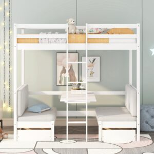 meritline wood bunk bed with 2 drawers, twin loft bed with seat and desk, can be turn into upper bed and down desk, cushion sets are free for kids, teens, girls, boys, white