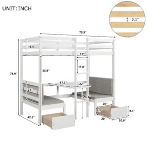 MERITLINE Wood Bunk Bed with 2 Drawers, Twin Loft Bed with Seat and Desk, Can be Turn into Upper Bed and Down Desk, Cushion Sets are Free for Kids, Teens, Girls, Boys, White