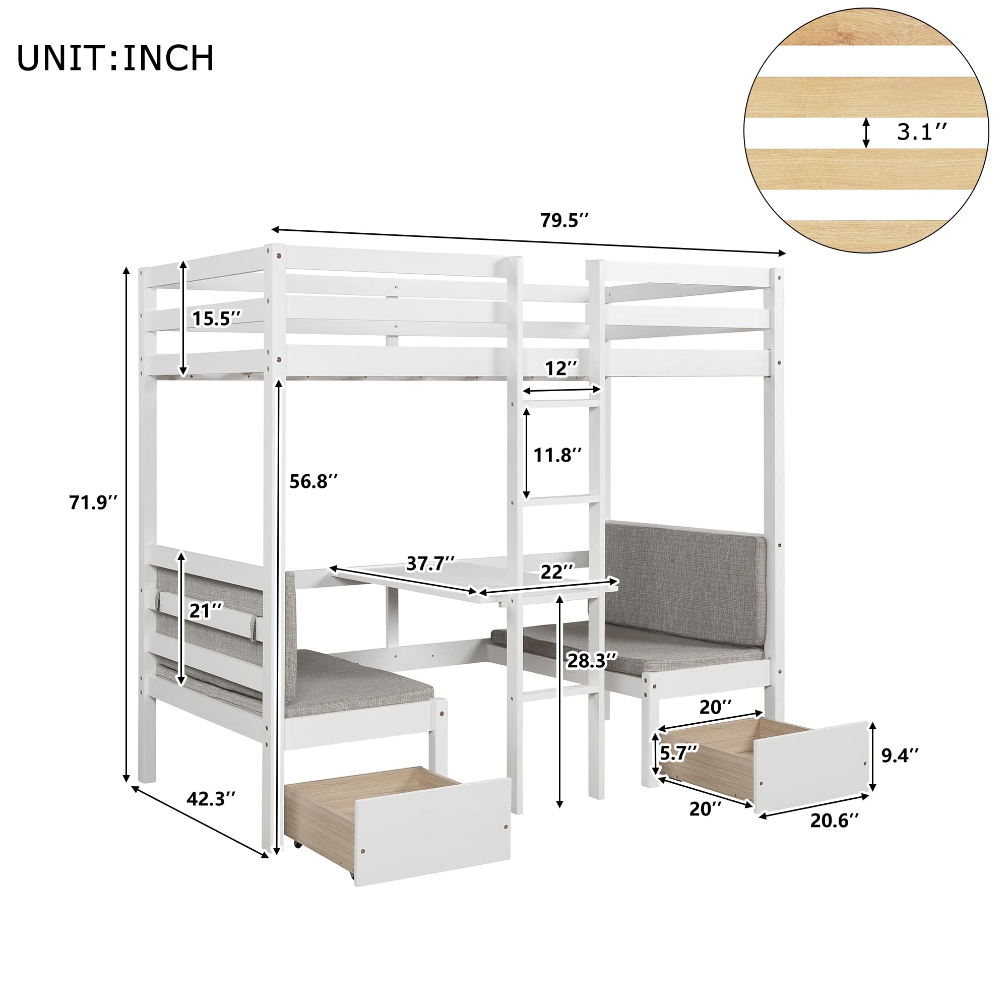 MERITLINE Wood Bunk Bed with 2 Drawers, Twin Loft Bed with Seat and Desk, Can be Turn into Upper Bed and Down Desk, Cushion Sets are Free for Kids, Teens, Girls, Boys, White