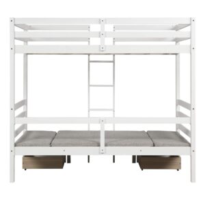 MERITLINE Wood Bunk Bed with 2 Drawers, Twin Loft Bed with Seat and Desk, Can be Turn into Upper Bed and Down Desk, Cushion Sets are Free for Kids, Teens, Girls, Boys, White