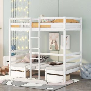 MERITLINE Wood Bunk Bed with 2 Drawers, Twin Loft Bed with Seat and Desk, Can be Turn into Upper Bed and Down Desk, Cushion Sets are Free for Kids, Teens, Girls, Boys, White