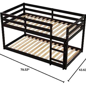 HomSof Twin Floor Bunk Bed, Twin Over Twin, Espresso