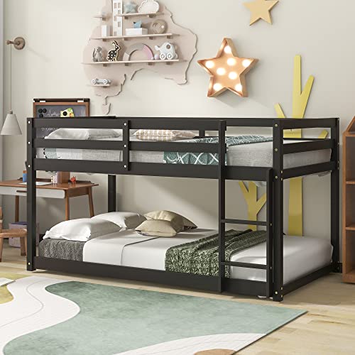 HomSof Twin Floor Bunk Bed, Twin Over Twin, Espresso