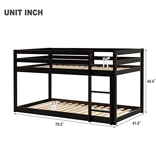 HomSof Twin Floor Bunk Bed, Twin Over Twin, Espresso