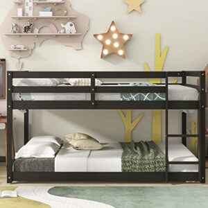 HomSof Twin Floor Bunk Bed, Twin Over Twin, Espresso