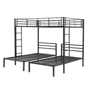 BIADNBZ Full Over Twin & Twin Size Triple Bunk Beds for 3,Sturdy Heavy Duty Bedframe with Built-in Shelf and 2 Side Ladders for Kids Teens Adults Bedroom Dorm,Black