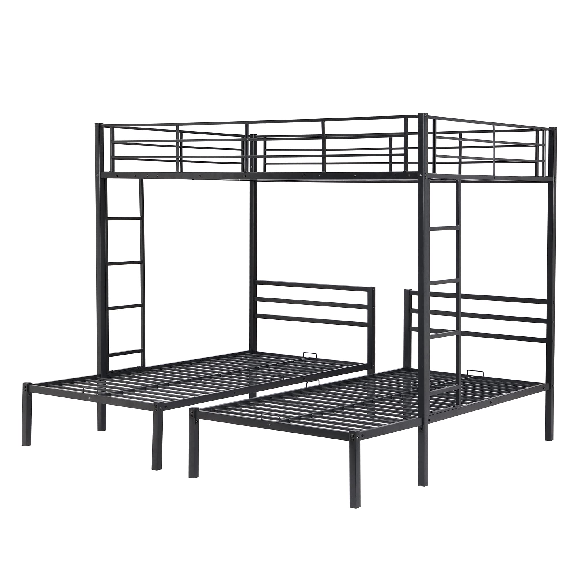 BIADNBZ Full Over Twin & Twin Size Triple Bunk Beds for 3,Sturdy Heavy Duty Bedframe with Built-in Shelf and 2 Side Ladders for Kids Teens Adults Bedroom Dorm,Black