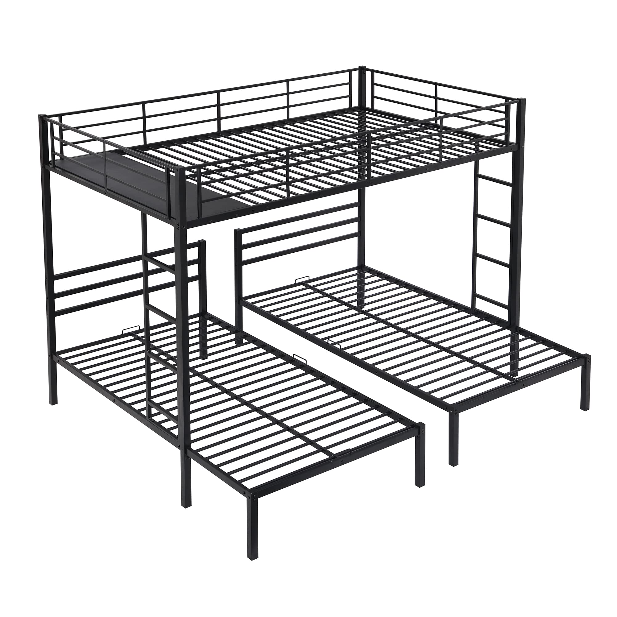 BIADNBZ Full Over Twin & Twin Size Triple Bunk Beds for 3,Sturdy Heavy Duty Bedframe with Built-in Shelf and 2 Side Ladders for Kids Teens Adults Bedroom Dorm,Black