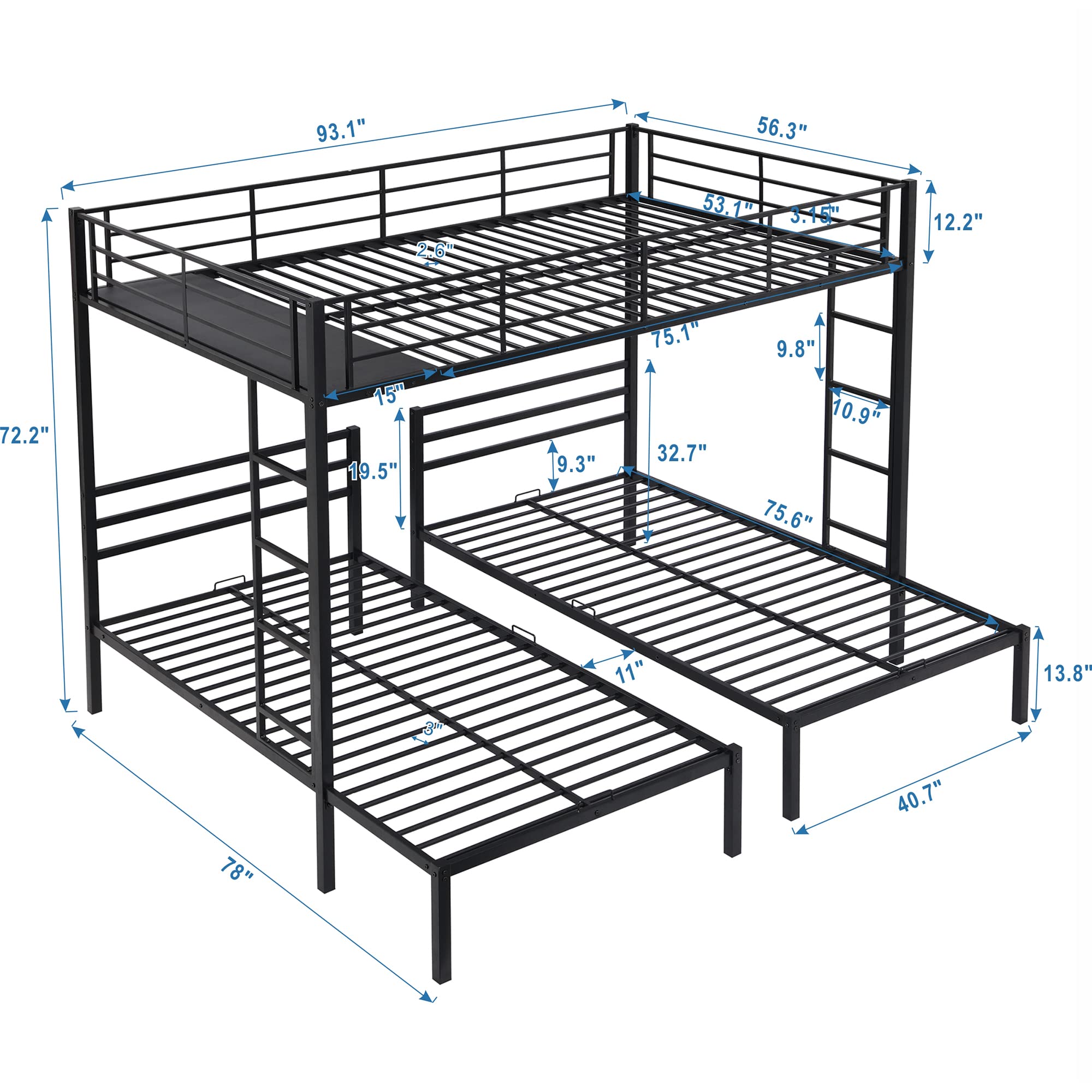 BIADNBZ Full Over Twin & Twin Size Triple Bunk Beds for 3,Sturdy Heavy Duty Bedframe with Built-in Shelf and 2 Side Ladders for Kids Teens Adults Bedroom Dorm,Black