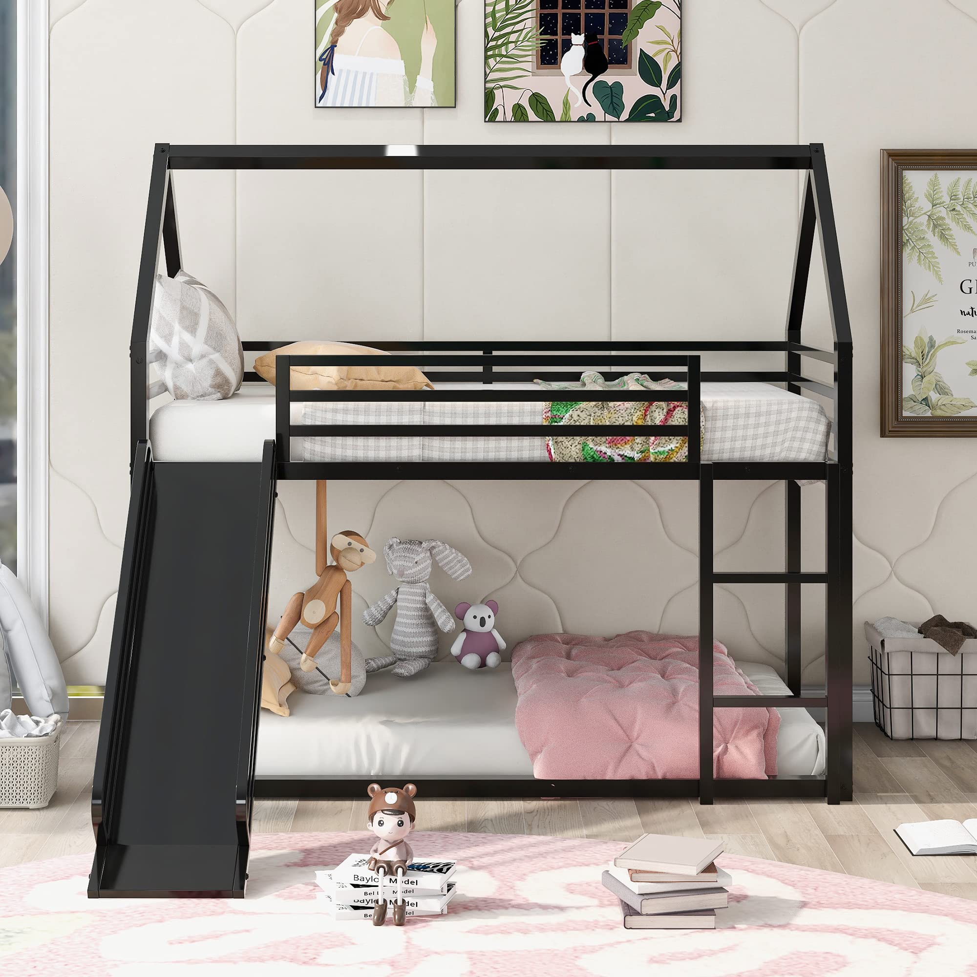 Harper & Bright Designs Twin over Twin House Bunk Bed with Slide and Ladder, Metal Low Bunk Bed Frame for Kids Girls Boys - Black