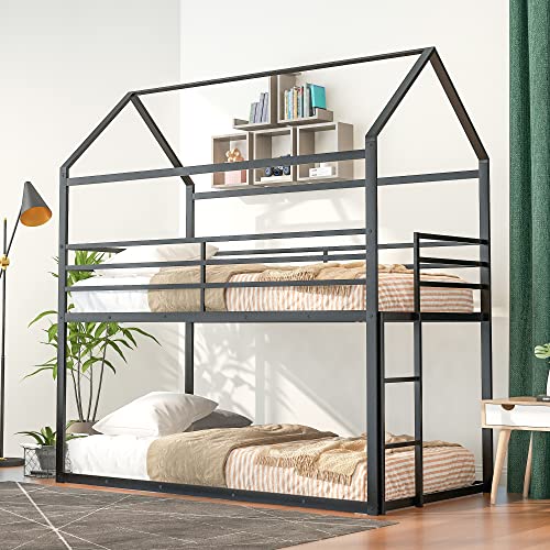 Lifeand Twin Over Twin Bunk Beds for Kids,Metal House Bunk Bed Frame with Built-in Ladder,No Box Spring Needed,Black