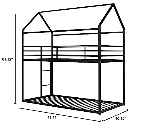 Lifeand Twin Over Twin Bunk Beds for Kids,Metal House Bunk Bed Frame with Built-in Ladder,No Box Spring Needed,Black