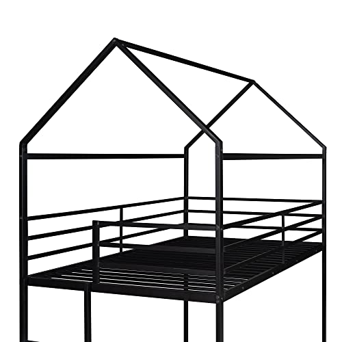 Lifeand Twin Over Twin Bunk Beds for Kids,Metal House Bunk Bed Frame with Built-in Ladder,No Box Spring Needed,Black