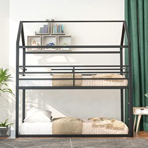 Lifeand Twin Over Twin Bunk Beds for Kids,Metal House Bunk Bed Frame with Built-in Ladder,No Box Spring Needed,Black