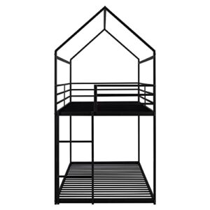 Lifeand Twin Over Twin Bunk Beds for Kids,Metal House Bunk Bed Frame with Built-in Ladder,No Box Spring Needed,Black