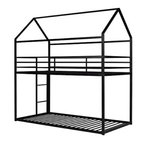 Lifeand Twin Over Twin Bunk Beds for Kids,Metal House Bunk Bed Frame with Built-in Ladder,No Box Spring Needed,Black