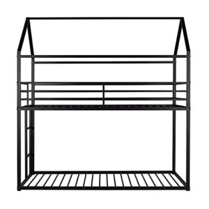 Lifeand Twin Over Twin Bunk Beds for Kids,Metal House Bunk Bed Frame with Built-in Ladder,No Box Spring Needed,Black