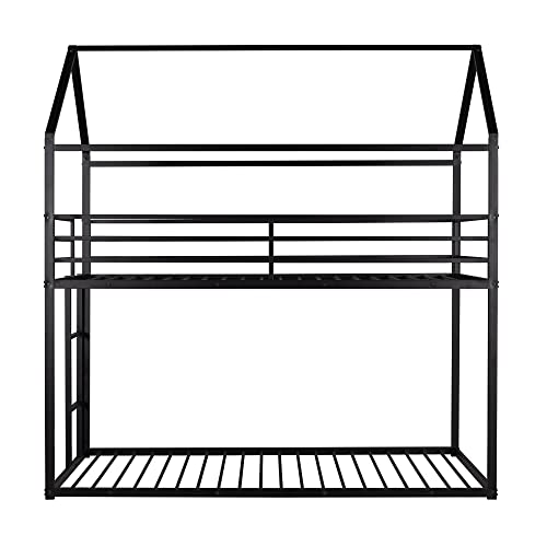 Lifeand Twin Over Twin Bunk Beds for Kids,Metal House Bunk Bed Frame with Built-in Ladder,No Box Spring Needed,Black