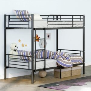 mecor metal bunk bed twin over twin - sturdy frame with safety guard rail & removable ladder - for kids/teens/adults (black)