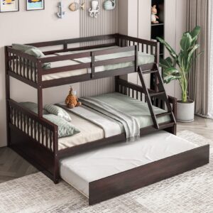 giantex twin over full bunk bed with trundle, solid wood bunk bed with ladder and guardrails, convertible to 2 beds, triple bunk beds for kids teens adults, no box spring needed, espresso