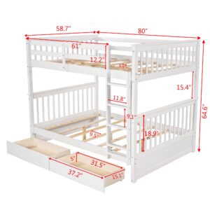 Harper & Bright Designs Full Over Full Bunk Bed with Drawers, Full Size Bunk Bed, Solid Wood Bunk Bed Frame with Ladders & 2 Storage Drawers, Bedroom Furniture (White, Full/Full with Drawers)