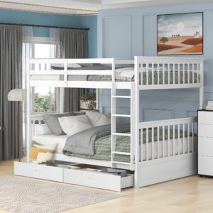 harper & bright designs full over full bunk bed with drawers, full size bunk bed, solid wood bunk bed frame with ladders & 2 storage drawers, bedroom furniture (white, full/full with drawers)