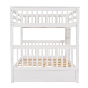 Harper & Bright Designs Full Over Full Bunk Bed with Drawers, Full Size Bunk Bed, Solid Wood Bunk Bed Frame with Ladders & 2 Storage Drawers, Bedroom Furniture (White, Full/Full with Drawers)