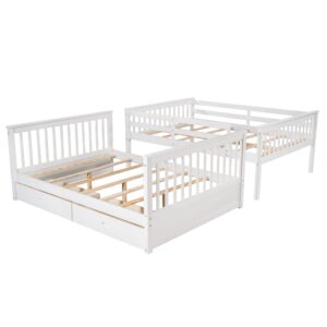 Harper & Bright Designs Full Over Full Bunk Bed with Drawers, Full Size Bunk Bed, Solid Wood Bunk Bed Frame with Ladders & 2 Storage Drawers, Bedroom Furniture (White, Full/Full with Drawers)