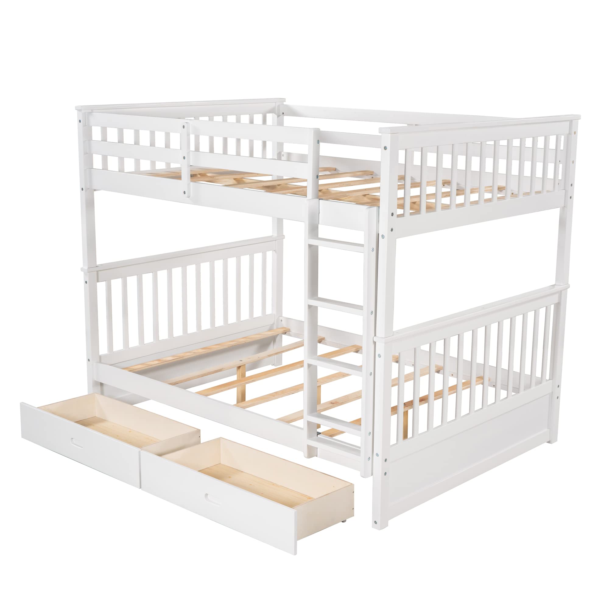 Harper & Bright Designs Full Over Full Bunk Bed with Drawers, Full Size Bunk Bed, Solid Wood Bunk Bed Frame with Ladders & 2 Storage Drawers, Bedroom Furniture (White, Full/Full with Drawers)