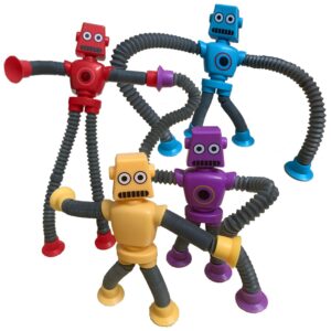 pop tubes robot toy, 4 packs fidget toys telescopic suction cup robotics autism sensory toys for toddlers boys girls educational classroom treasure box stretchy robots party favors