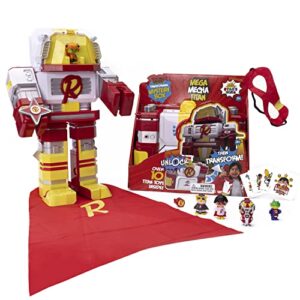 ryan's world mega mecha titan robot; chest transforms into red titan robot; contains 5 micro figures, a spinner, wearable eye mask & cape, and stickers