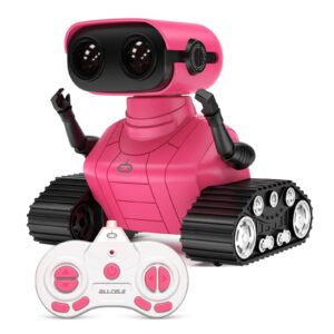 allcele robot toys, rechargeable rc robots for kids boys, remote control toy with music and led eyes, gift for children age 3 years and up - rose red