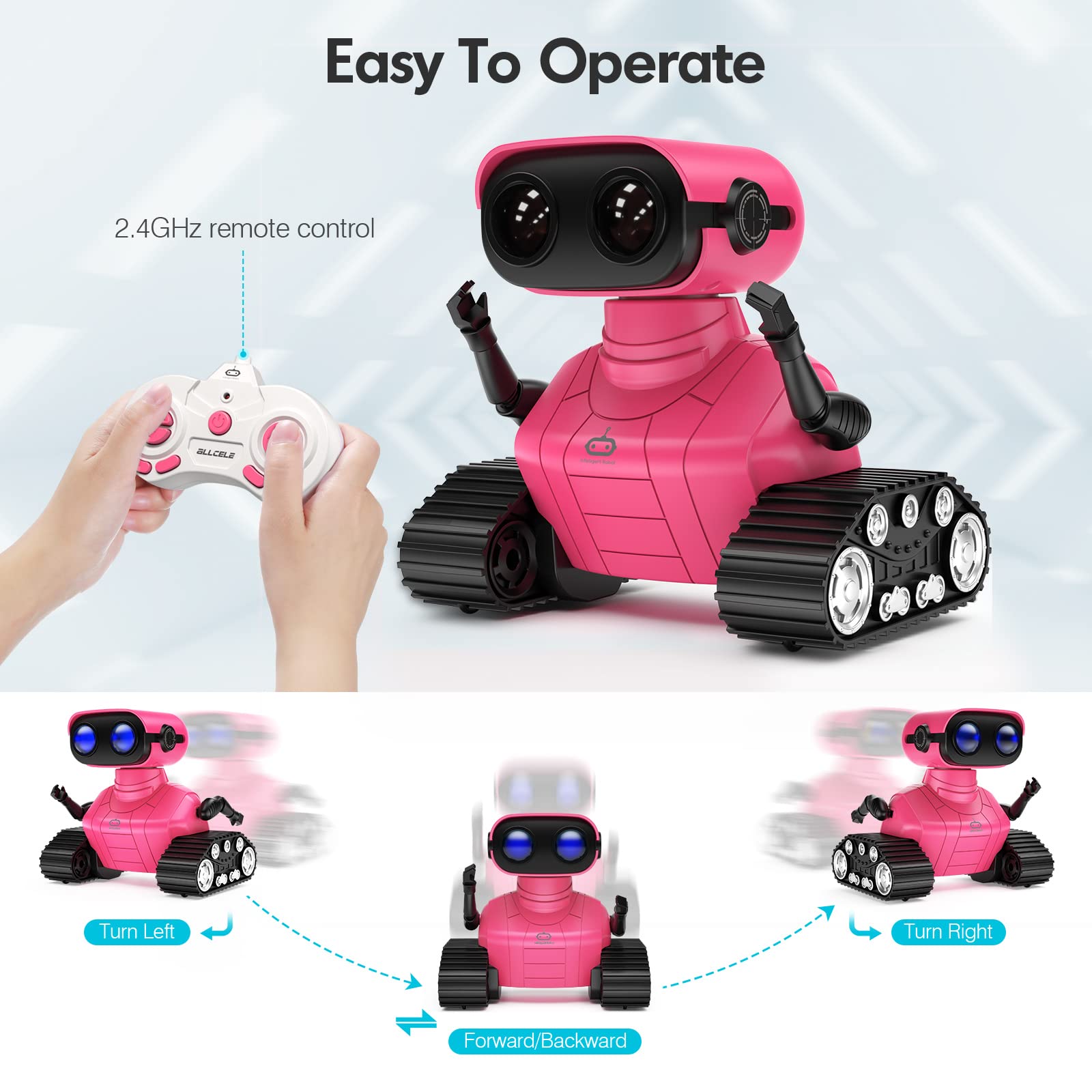 ALLCELE Robot Toys, Rechargeable RC Robots for Kids Boys, Remote Control Toy with Music and LED Eyes, Gift for Children Age 3 Years and Up - Rose Red